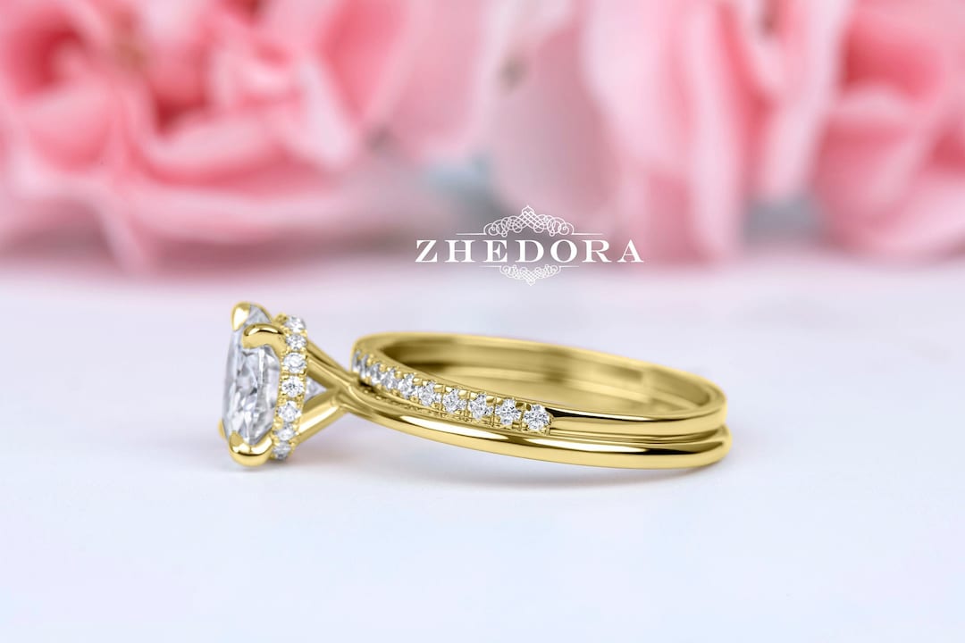 Gold Diamond Wedding Set / Hidden Halo Engagement Ring / 2 CT Round ...