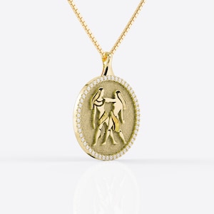 Gemini Diamond Necklace, Heavy Medallion Zodiac Pendant Necklace, Solid ...