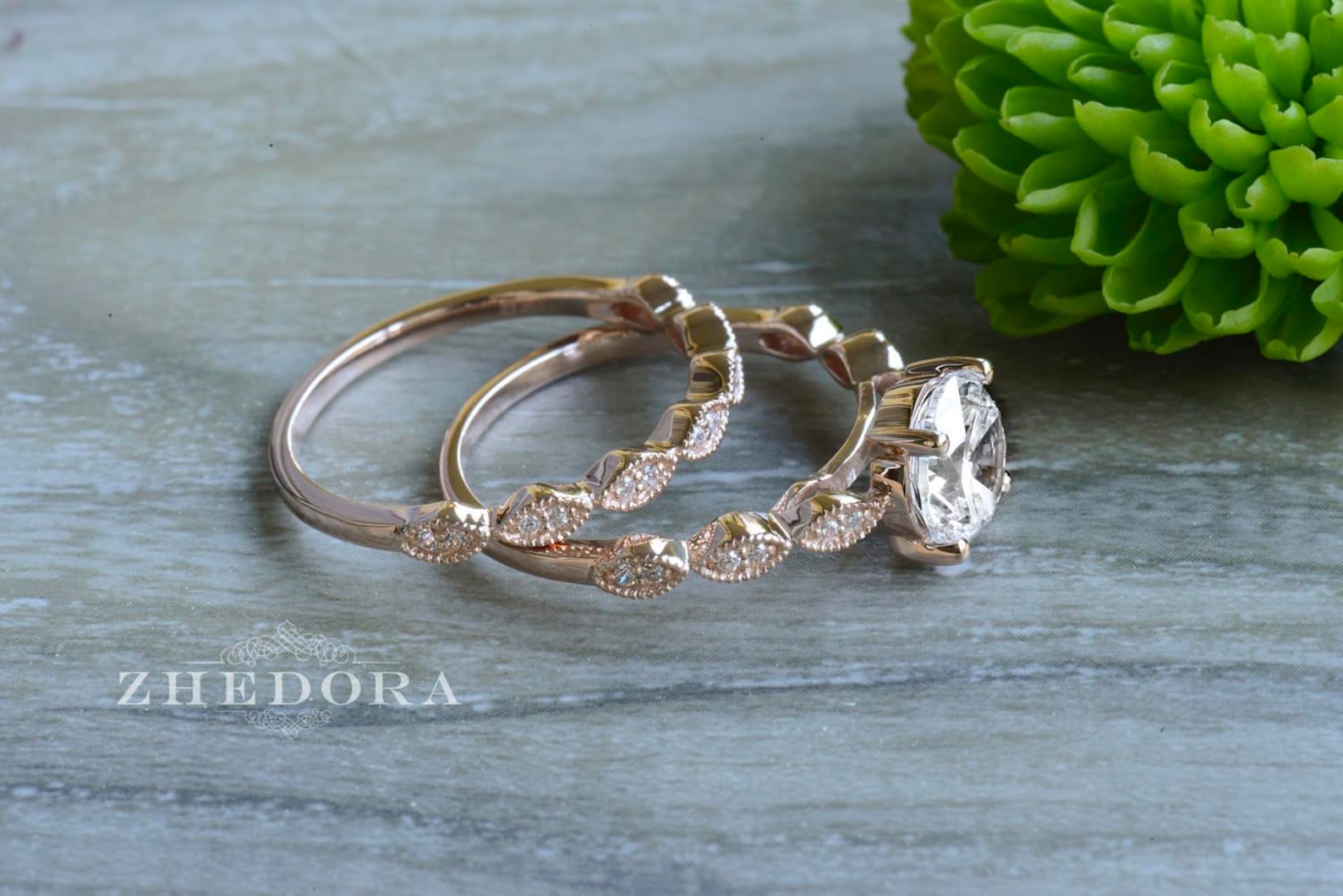 Rose Gold Bridal Set in Solid 14k/18k Engagement Ring Set - Etsy
