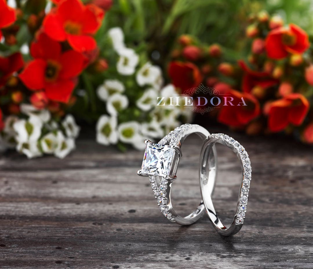 Princess Cut Engagement Ring Set, 2 CT Princess Cut Bridal Set in Solid ...