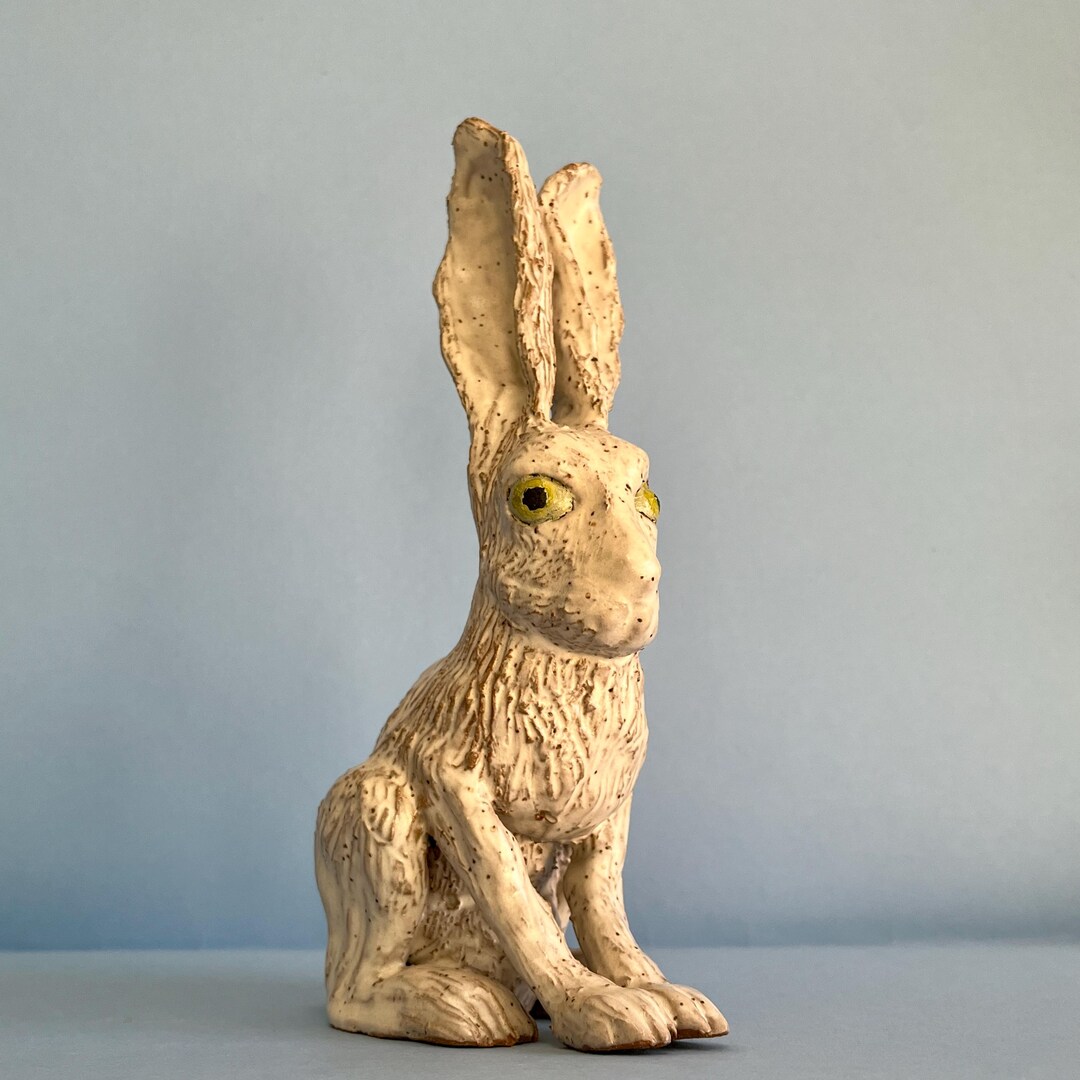 White Ceramic Rabbit Sculpture With Green Eyes - Etsy