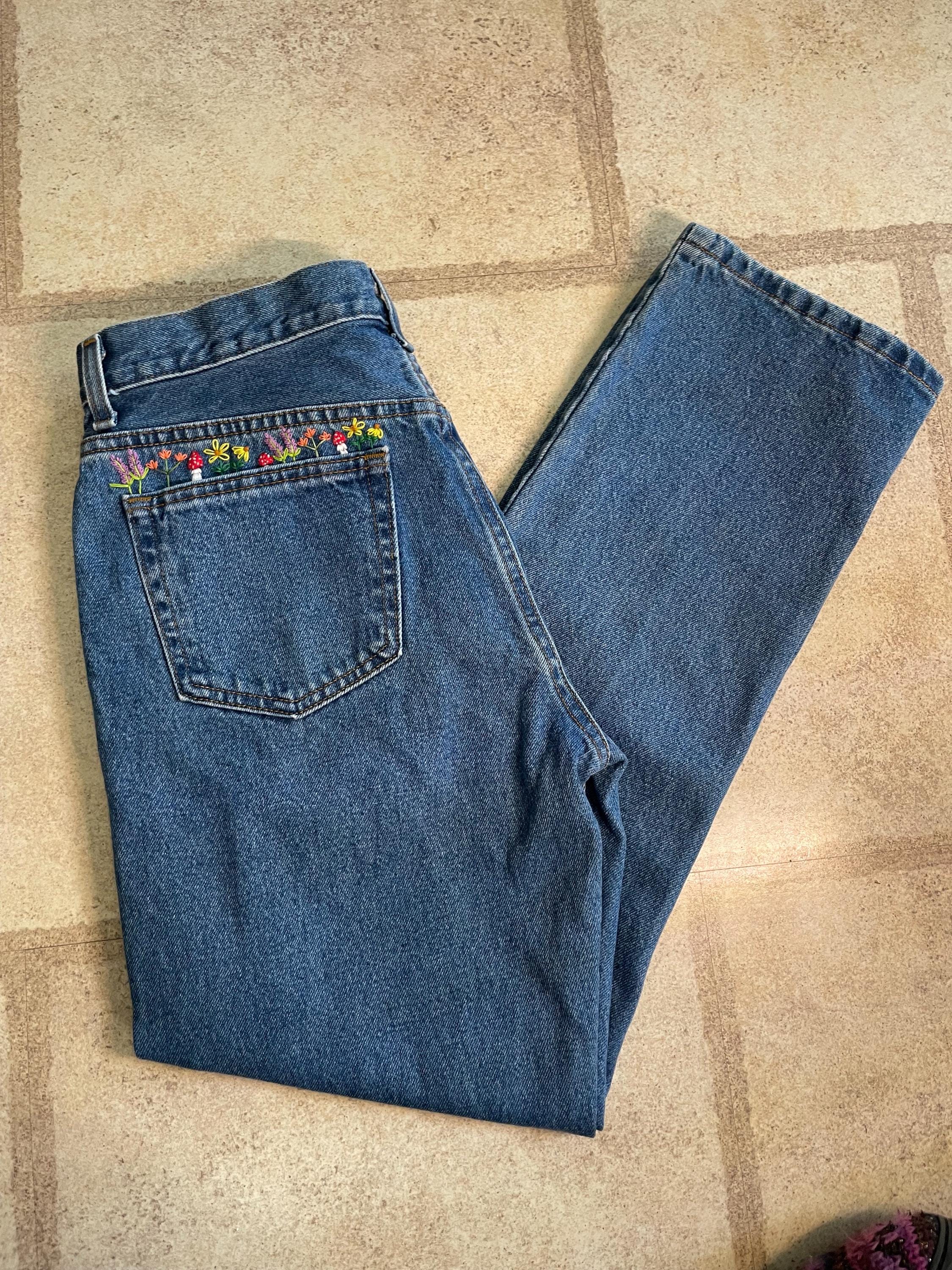 Floral Embroidered Jeans - Etsy