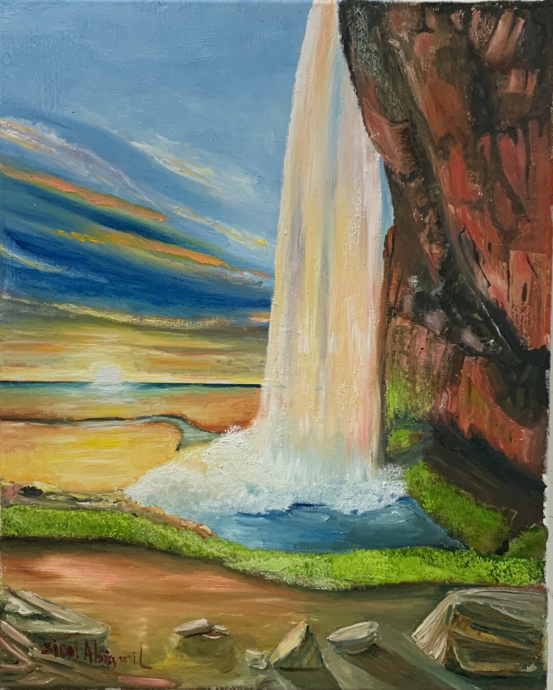 Waterfall at Dusk, Original Painting. - Etsy