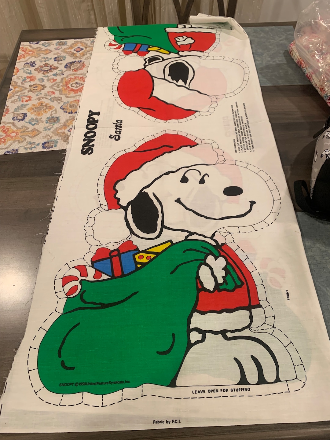 1958 Santa Snoopy Fabric Panel. Plush/ Pillow. Peanuts/ Snoopy Fabric ...