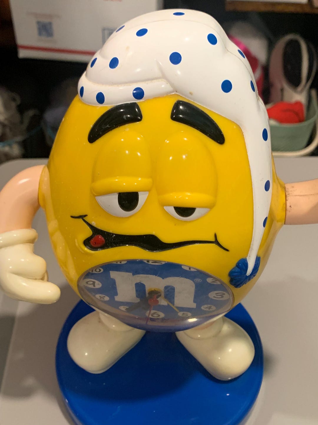 1990’s Yellow M&M Alarm Clock W/ Blue Face 9” Tall Works With 1 Battery ...