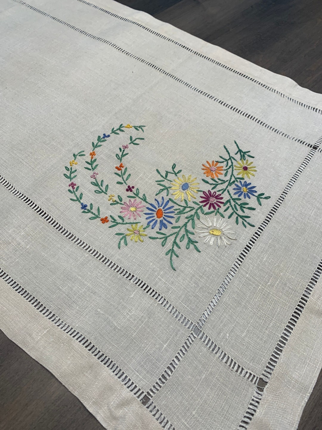 Linen Cotton With Floral Embroidery Table Runner, Vintage, Handmade ...