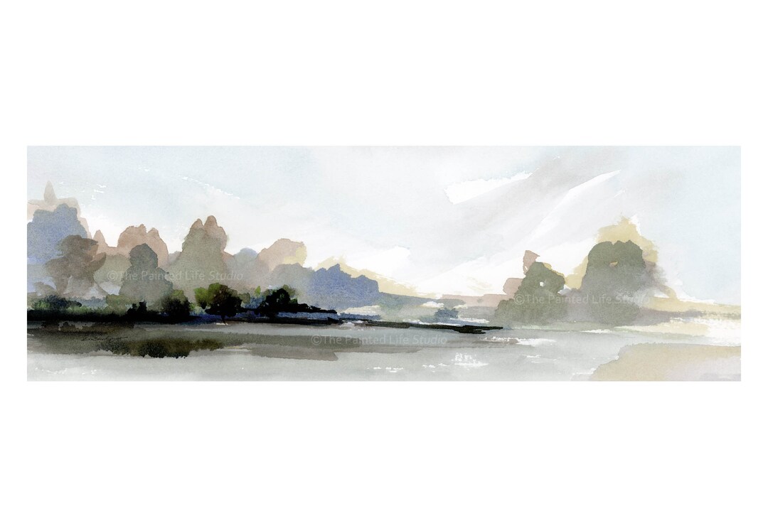Neutral Colors Panoramic Landscape Print, Distant Trees in Muted Colors ...