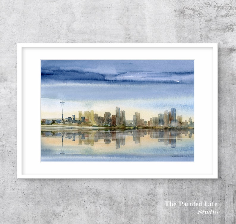 Seattle Skyline Watercolor Art Print: Puget Sound Cityscape - Etsy