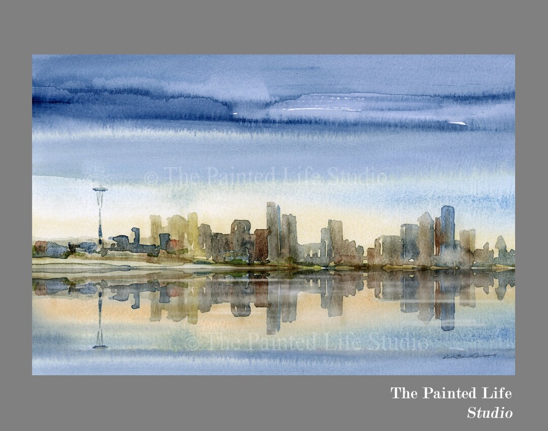 Seattle Skyline Watercolor Art Print Puget Sound Washington - Etsy