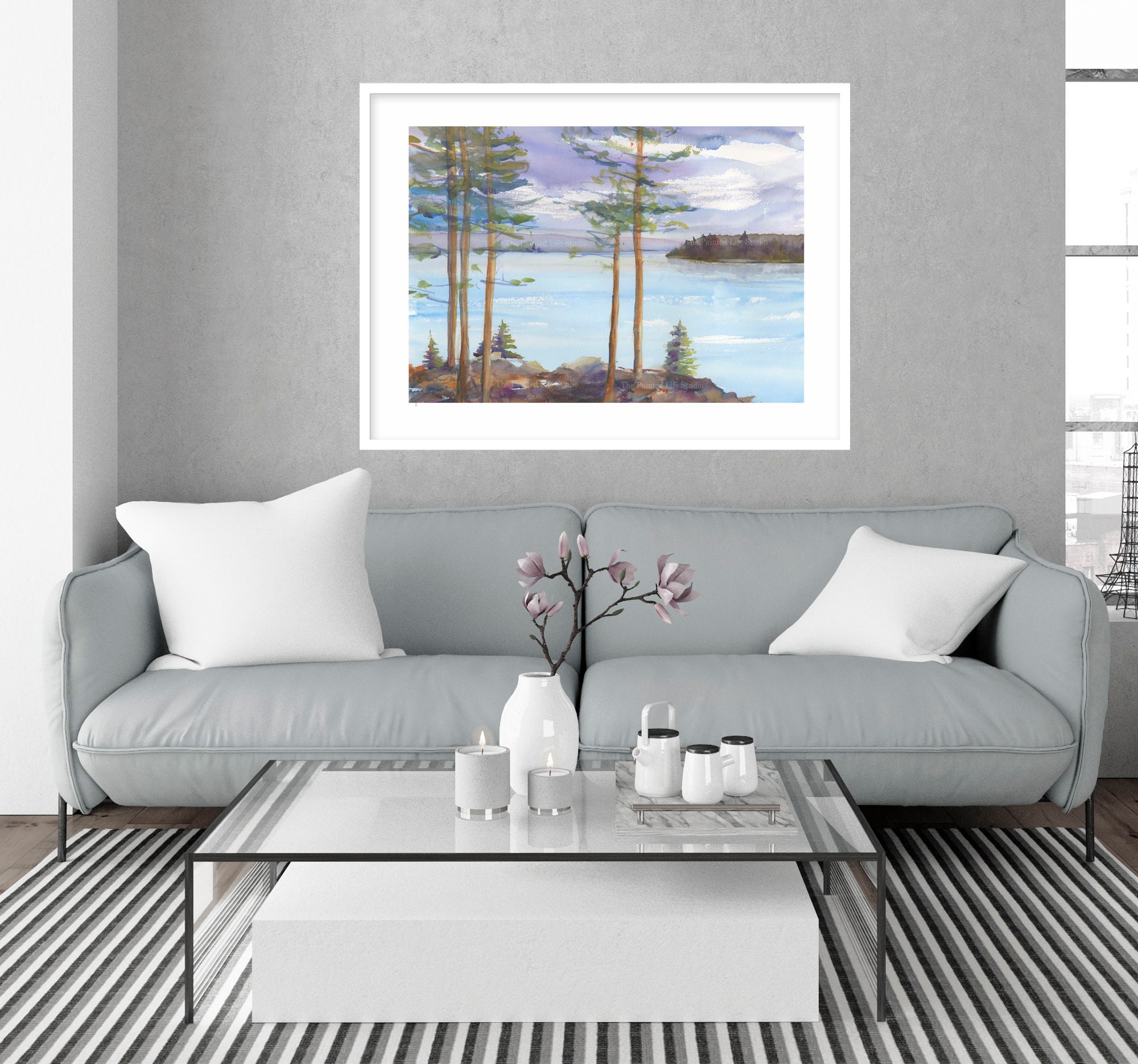 Pine Trees on the Lake Art Print Watercolor Print Rocky | Etsy