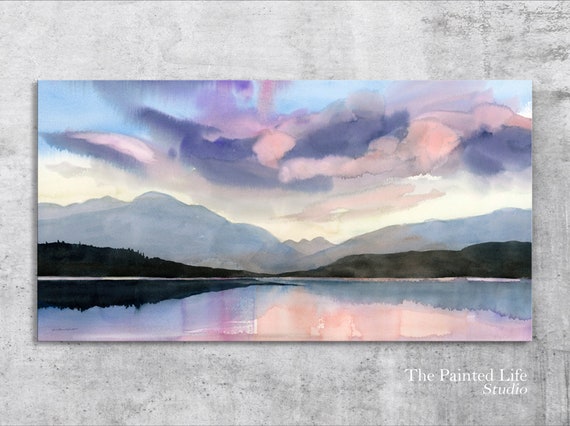 CANVAS Colorful Sunset Over Mountains and Lake Painting Print Contemporary Art Sunset With Clouds Gallery wrapped Stretched Canvas Print Etsy UK