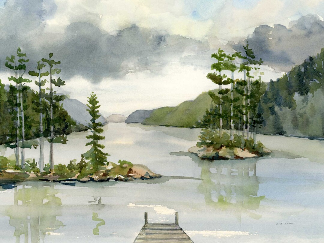 Lake George Art Print, Adirondack Lake and Dock, Mountains and Pier on ...