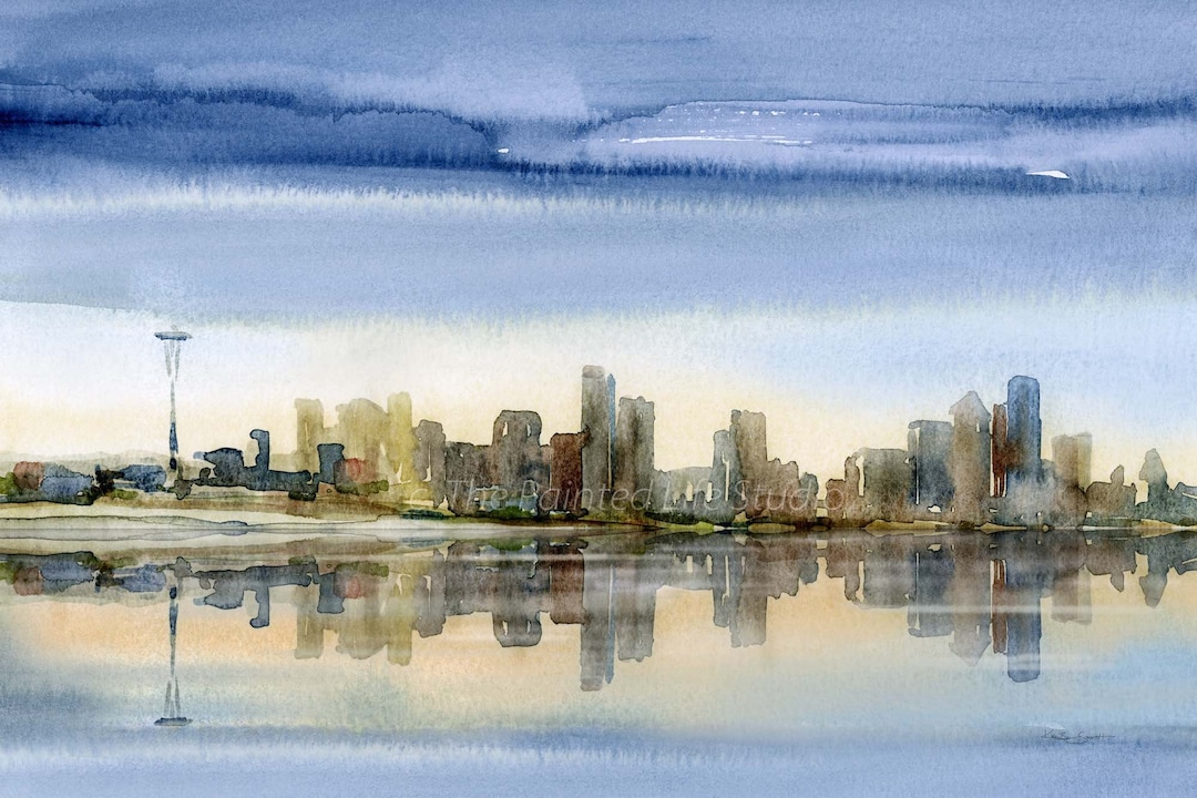 Seattle Skyline Watercolor Art Print: Puget Sound Cityscape - Etsy