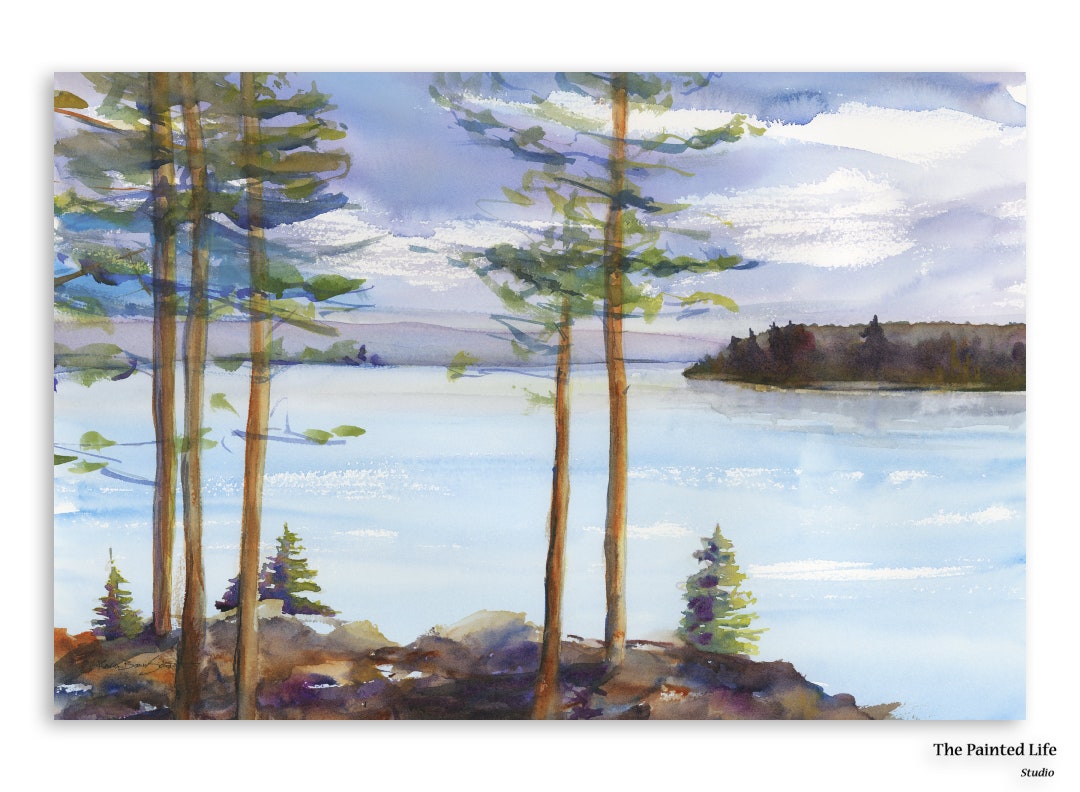 Pine Trees on the Lake Art Print, Watercolor Print, Rocky Point on Lake ...