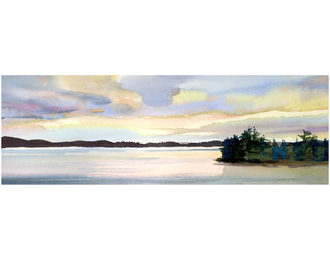 Lake George Panoramic Art Print, Sunset Watercolor Wall Art Print on ...