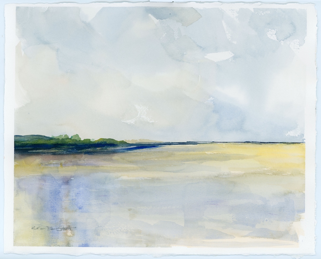 Shoreline Original Painting, Abstract Coastal Scene Watercolor Painting ...