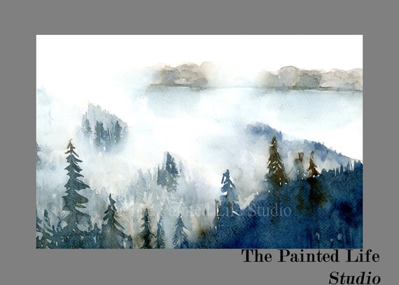 Misty Pine Trees and Mountains Art Print Watercolor Fog - Etsy