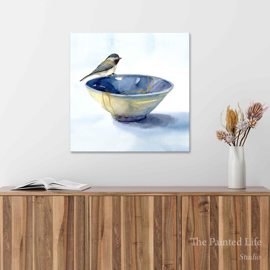 Chickadee Kintsugi Bowl Art Print: Japanese Wabi-sabi Watercolor - Etsy