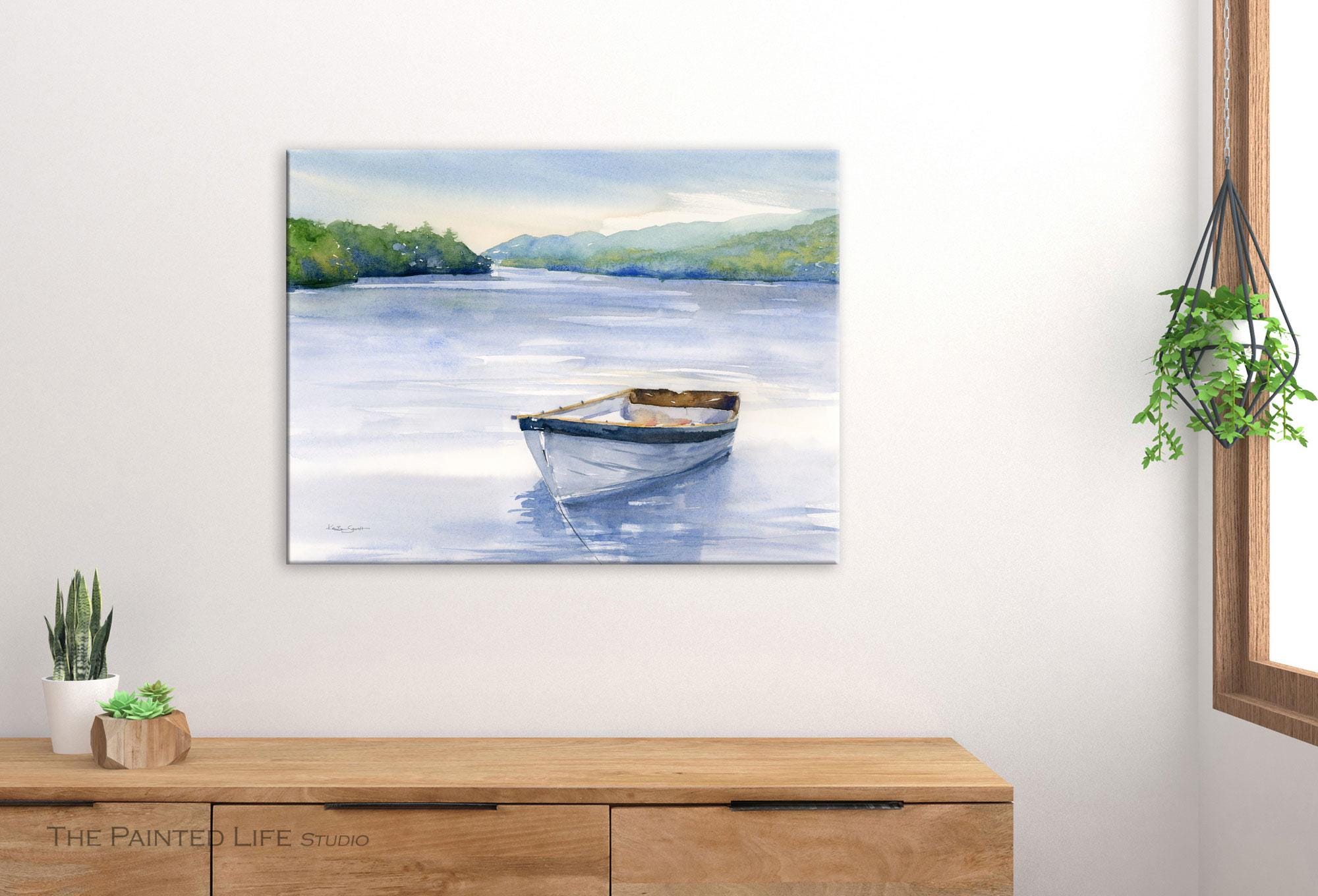 Row Boat Art: Watercolor Dinghy on Lewey Lake, Print on Canvas or Paper ...