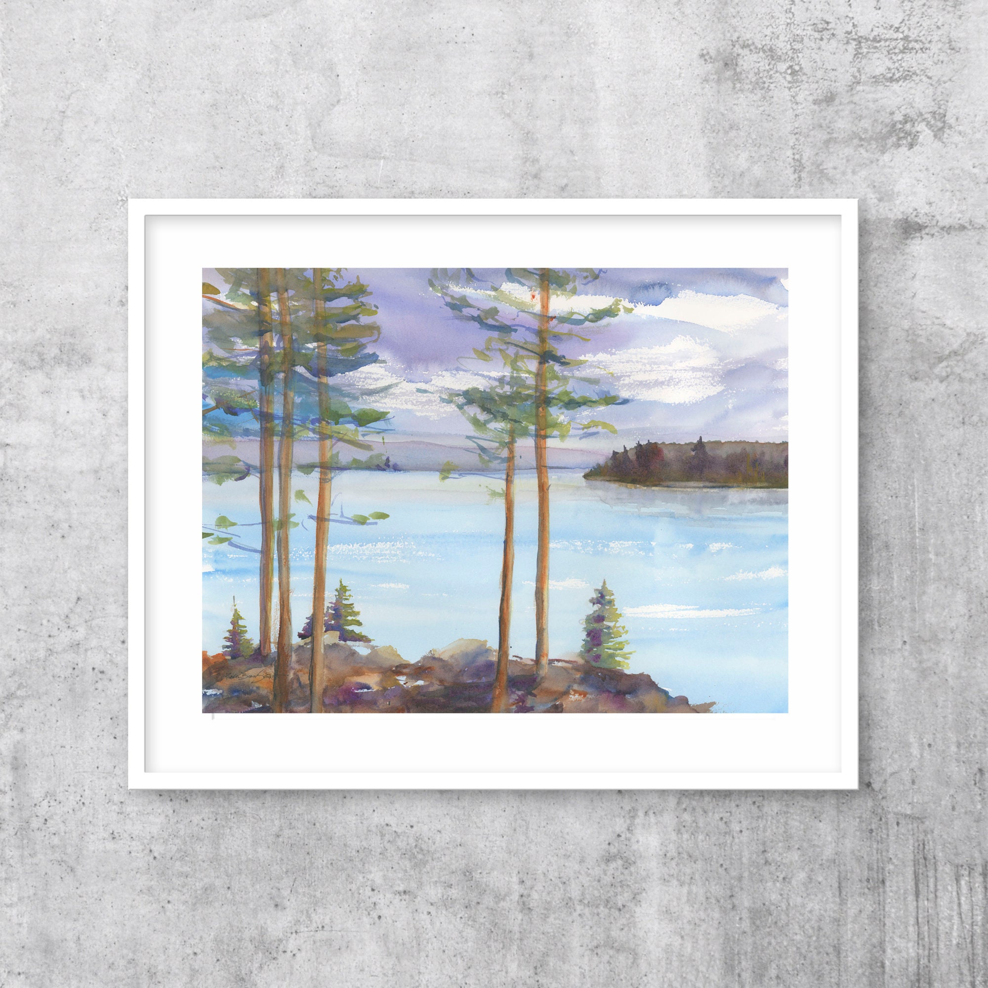 Pine Trees on the Lake Art Print Watercolor Print Rocky - Etsy
