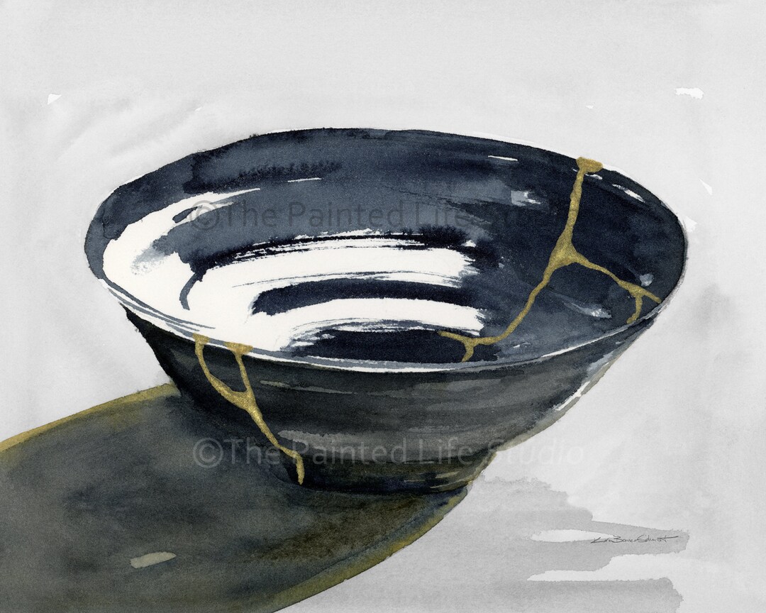 Black Kintsugi Bowl With Gold Lines Fine Art Print of Watercolor ...