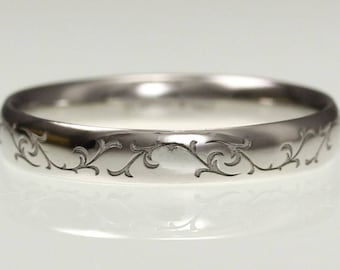 Platinum Wedding Ring Vine Leaf Engraved Ladies Wedding Band Ring ...