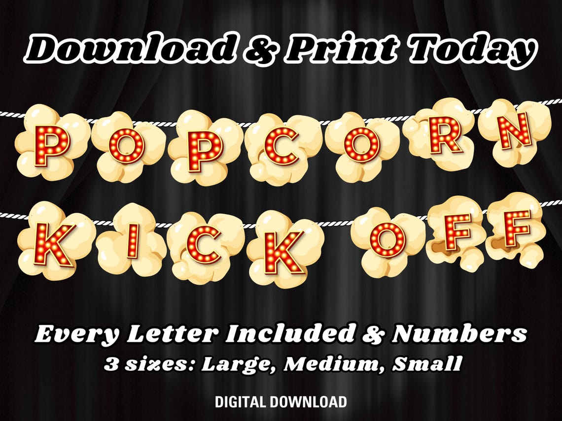 Popcorn Banner Printable • Movie Night Party Decoration • 3 Sizes • A–Z ...