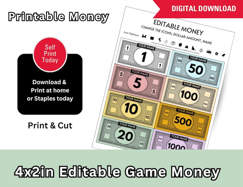 Editable Printable Game Money | Inspired by Classic Monopoly | 4x2in ...