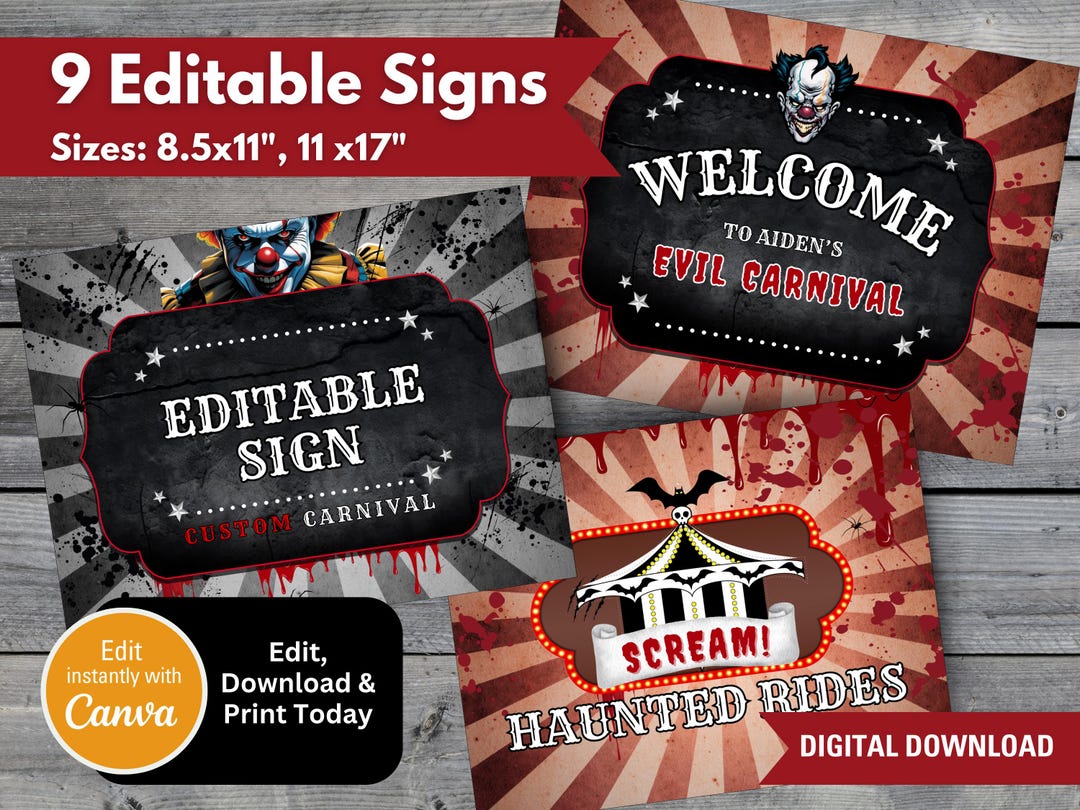 Editable Creepy Clown Carnival Sign Set -8.5"x11" & 11"x17" - 9 ...