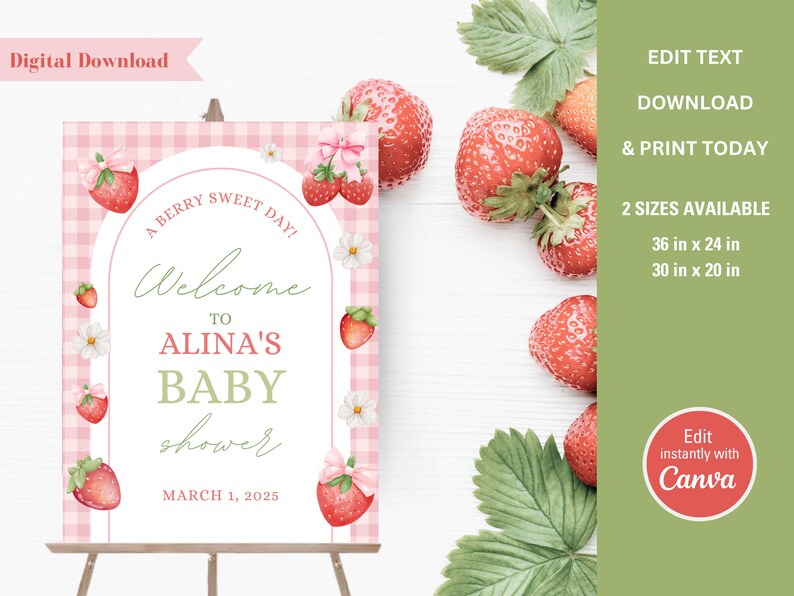 Strawberry Welcome Sign Template- 3 Sizes - Edit & Self Print - Etsy
