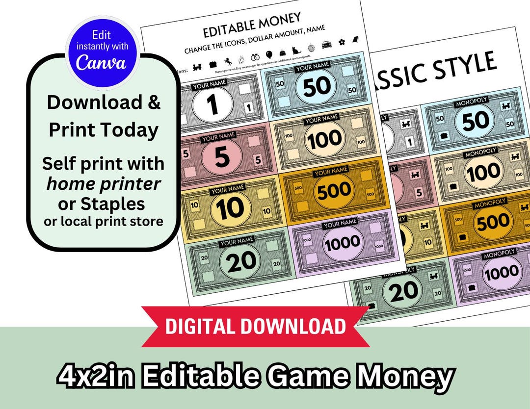 Editable Printable Game Money | Inspired by Classic Monopoly | 4x2in ...