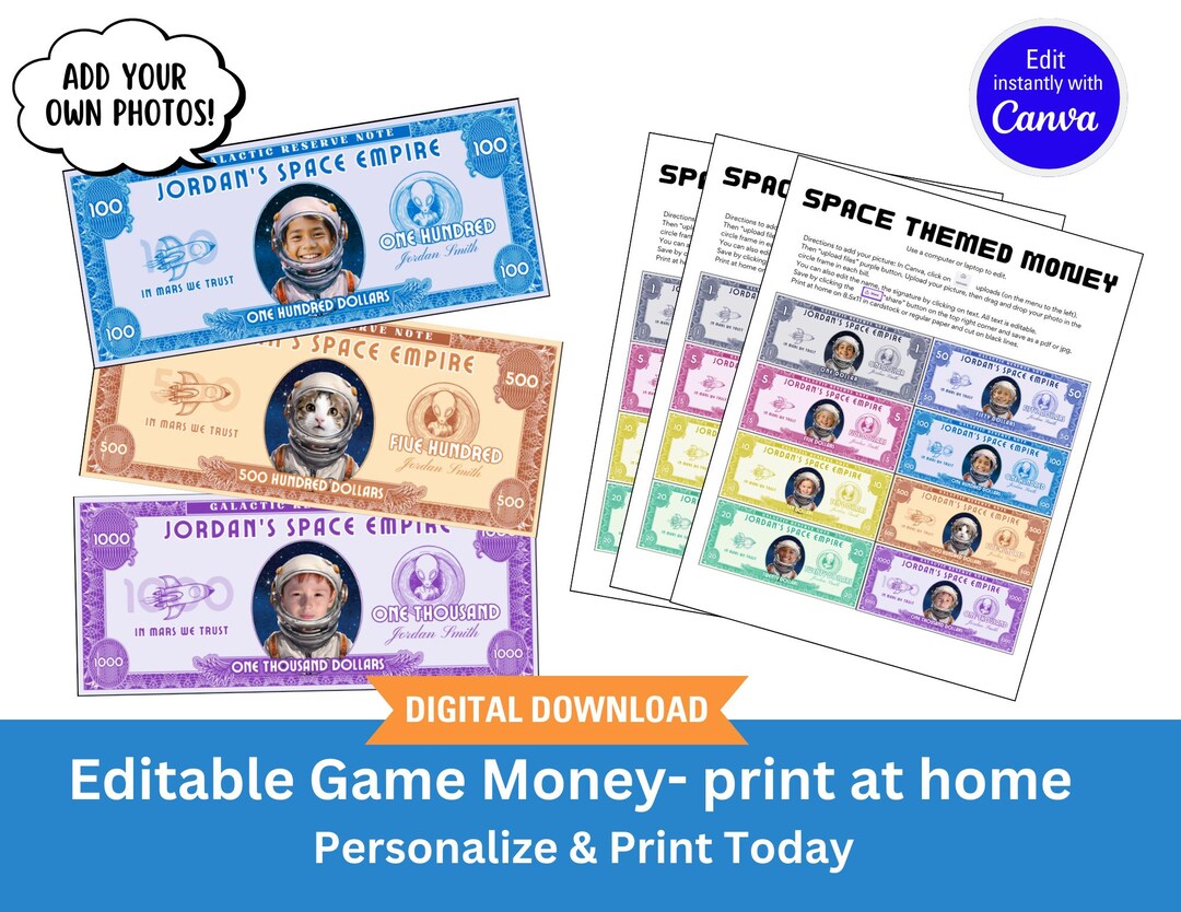 Editable Printable Game Money With Photos | Outer Space Theme | Print ...