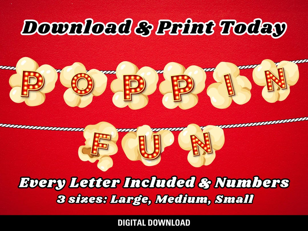 Popcorn Banner Printable • Movie Night Party Decoration • 3 Sizes • A–Z ...