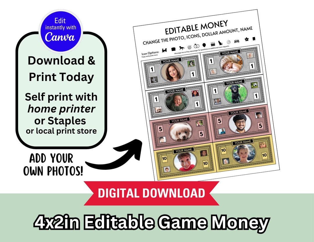 Editable Printable Game Money With Photos | Inspired by Classic ...