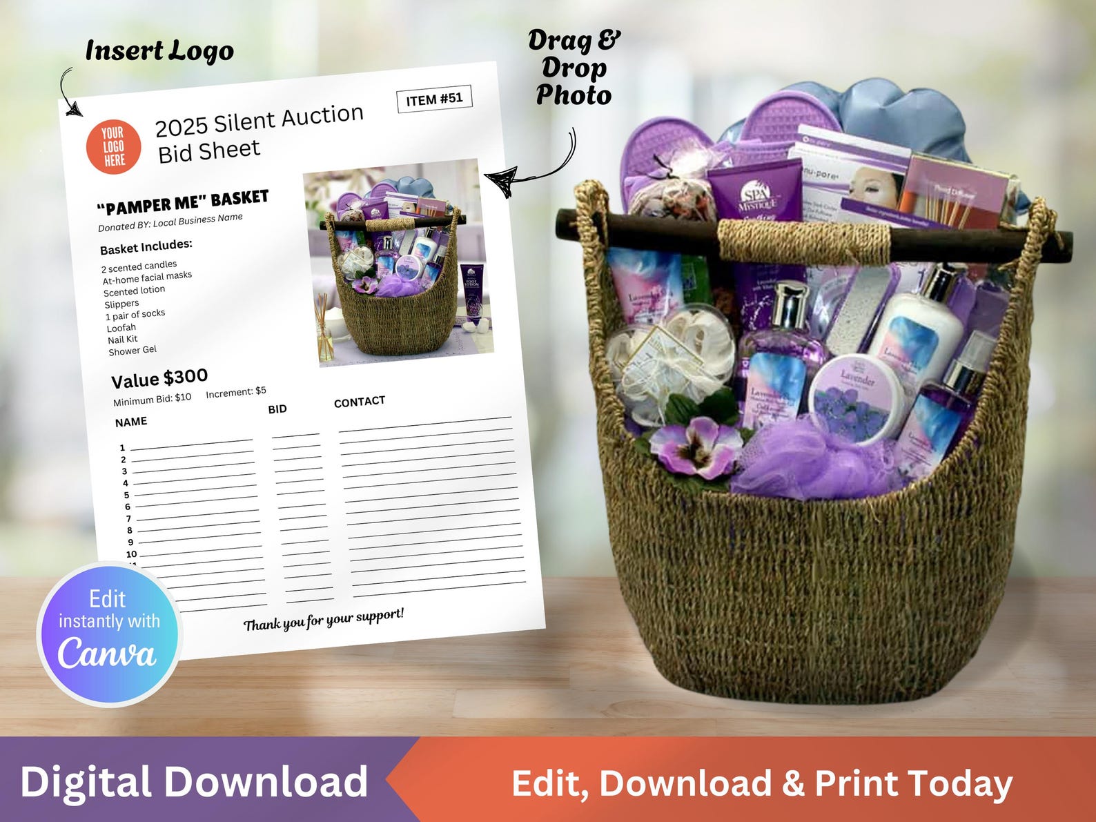Silent Auction Bid Sheet – Editable Canva Template | Fundraiser ...