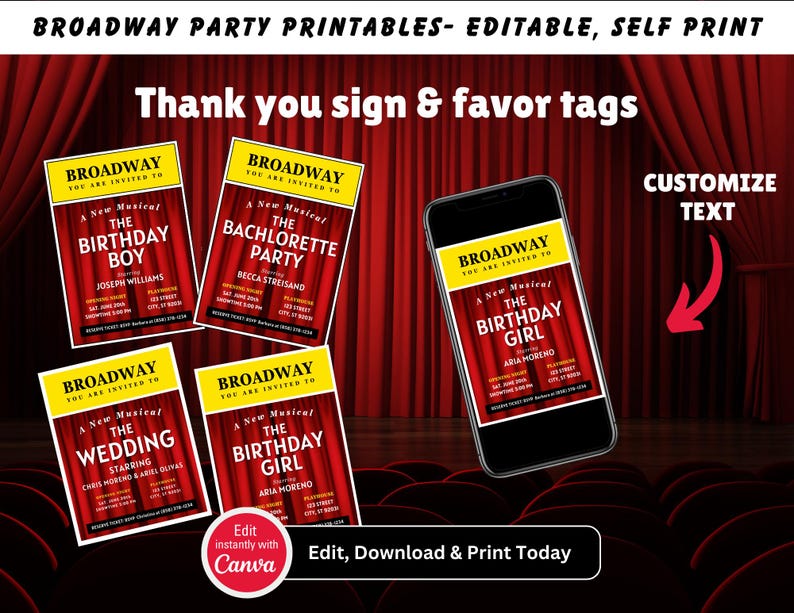 Broadway Party Printable Super Bundle- Editable on Canva- Self Print - Etsy