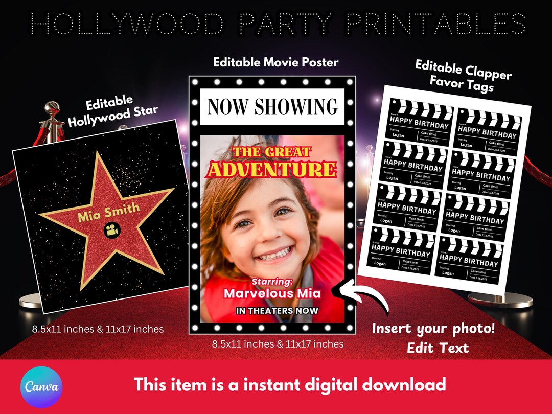 Hollywood Party Decorations | Editable Movie Poster Sign, Clapper Tags ...