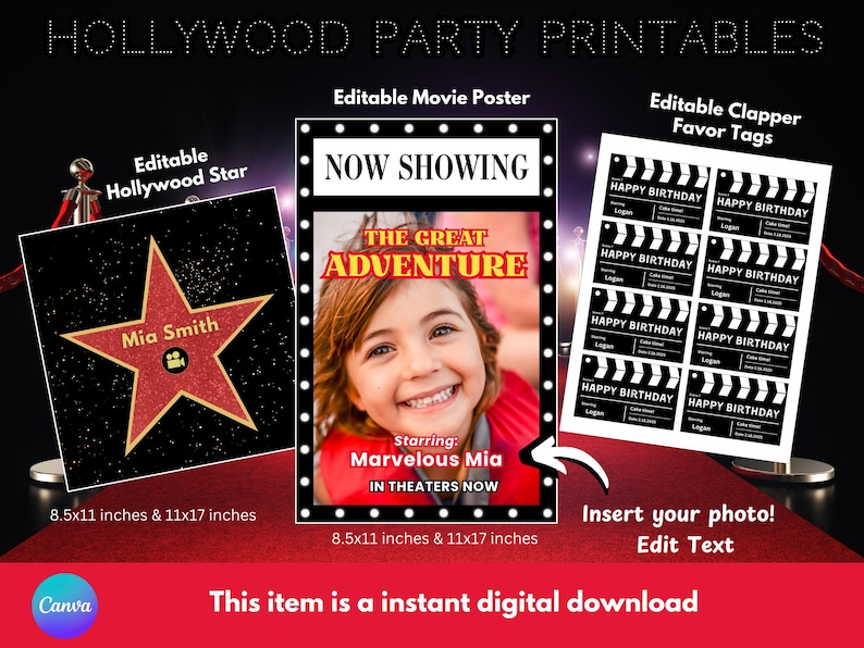Hollywood Party Decorations | Editable Movie Poster Sign, Clapper Tags ...