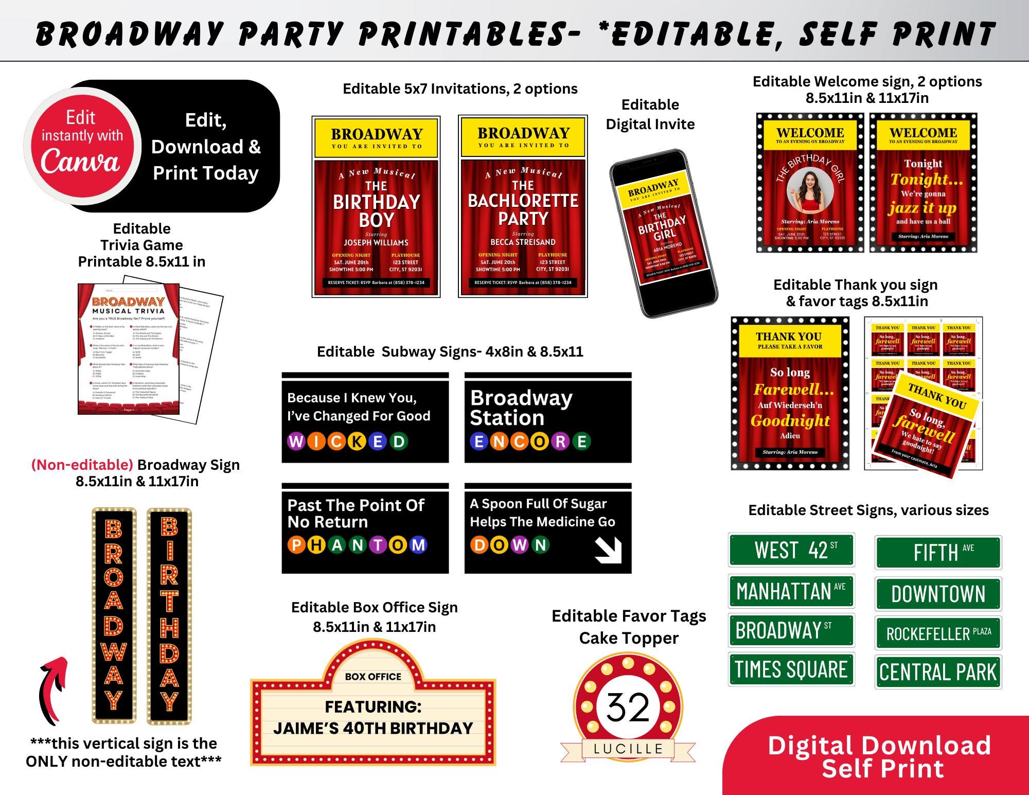 Broadway Party Printable Super Bundle- Editable on Canva- Self Print - Etsy