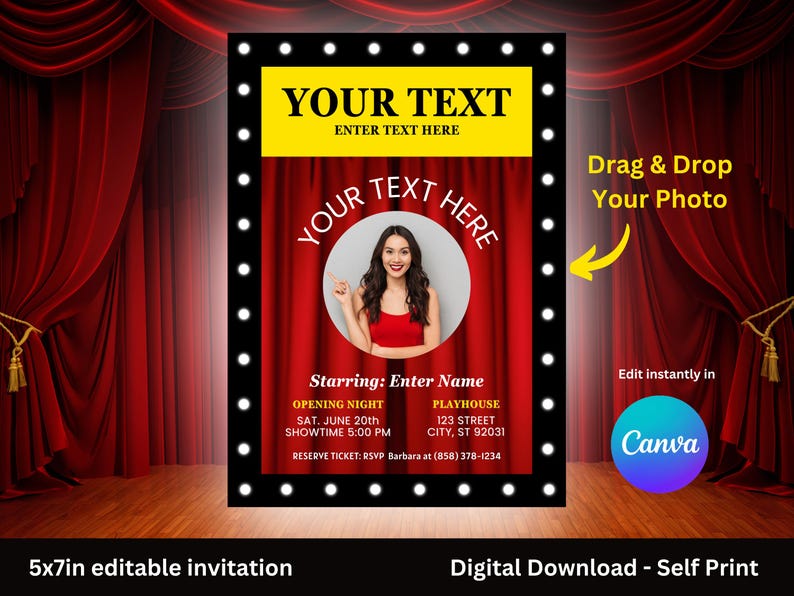 Customizable Broadway Themed 5x7in. Invitation Canva Template| Self ...