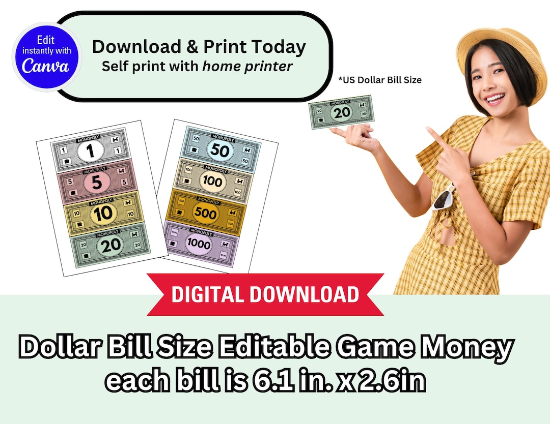 Dollar Bill Size Editable Game Money - Print on 8.5x11in - Etsy