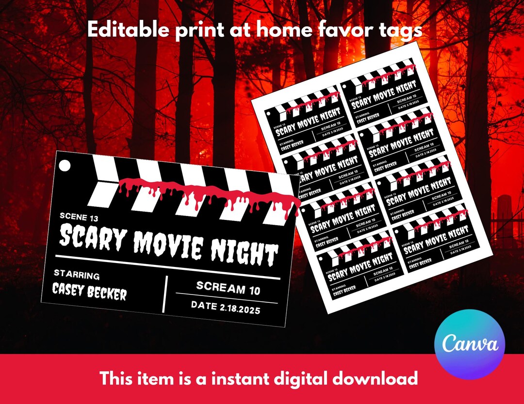 Horror Movie Clapper Favor Tags – Editable Printable Canva Template ...