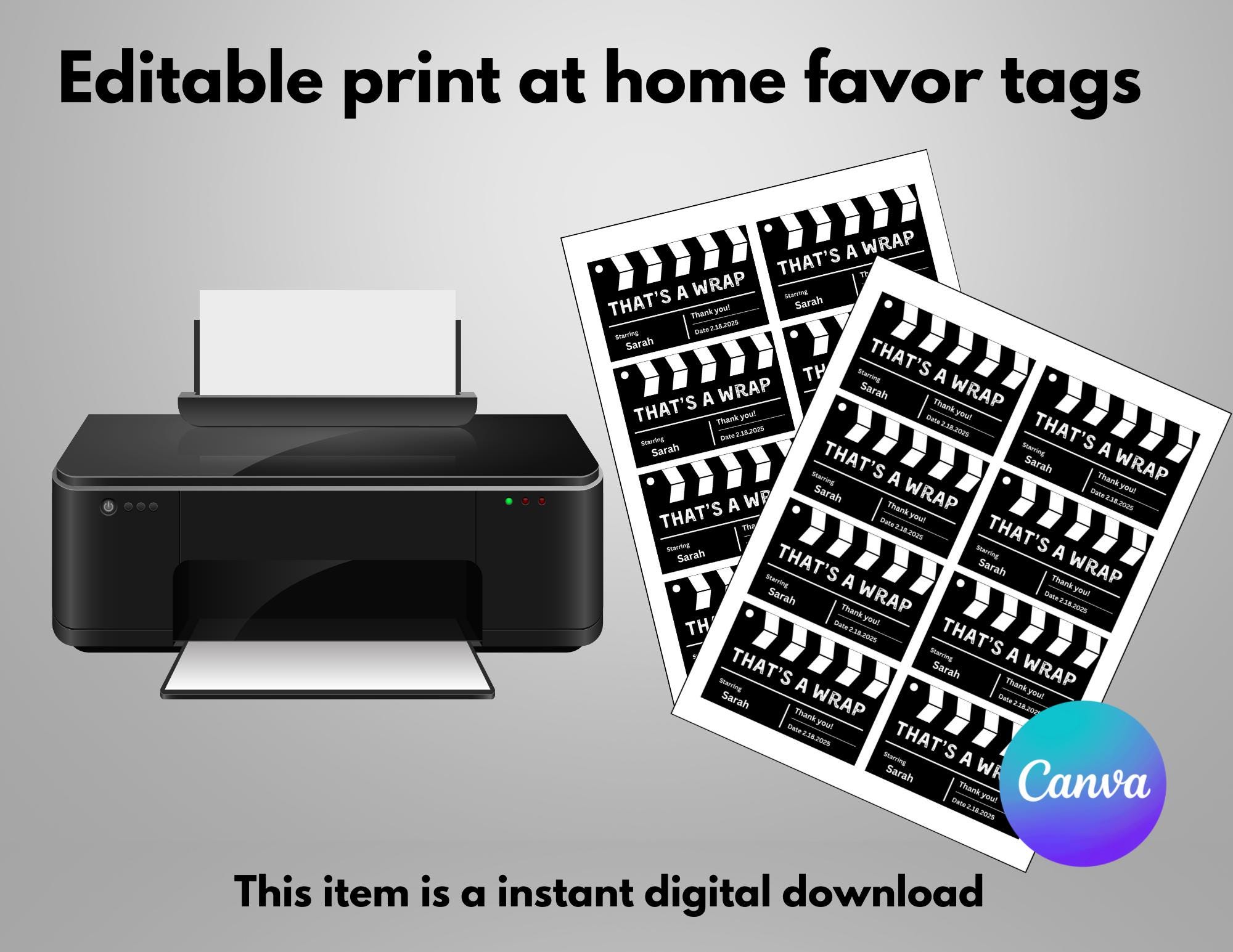 Hollywood Party Decorations | Editable Movie Poster Sign, Clapper Tags ...