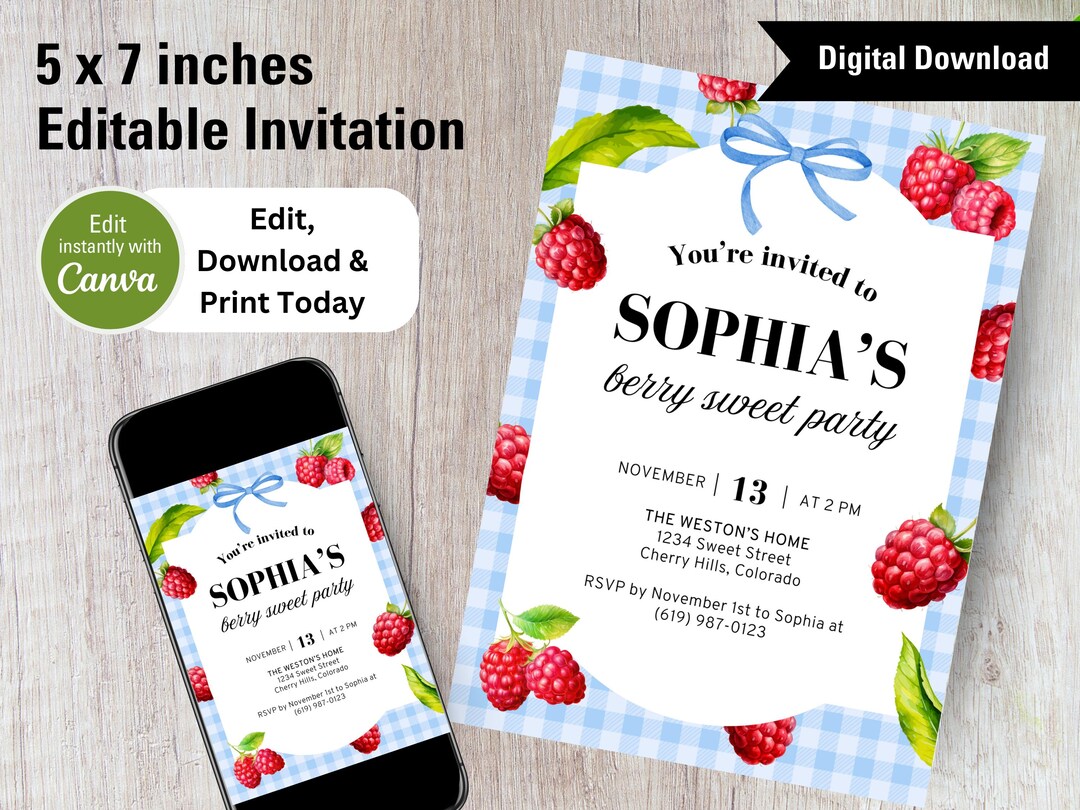 5x7 Inch Berry Party Invitation Template | "berry Sweet Party ...
