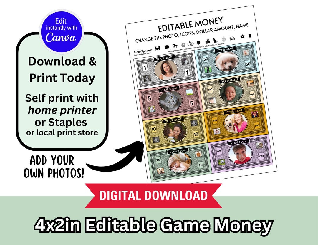 Editable Printable Game Money With Photos | Inspired by Classic ...