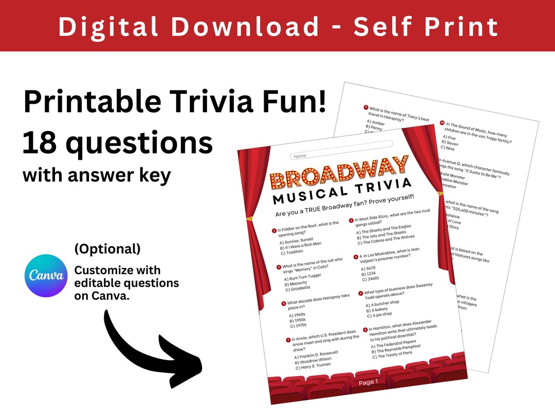 Broadway Trivia Printable & Editable – 18 Fun Questions From Your ...