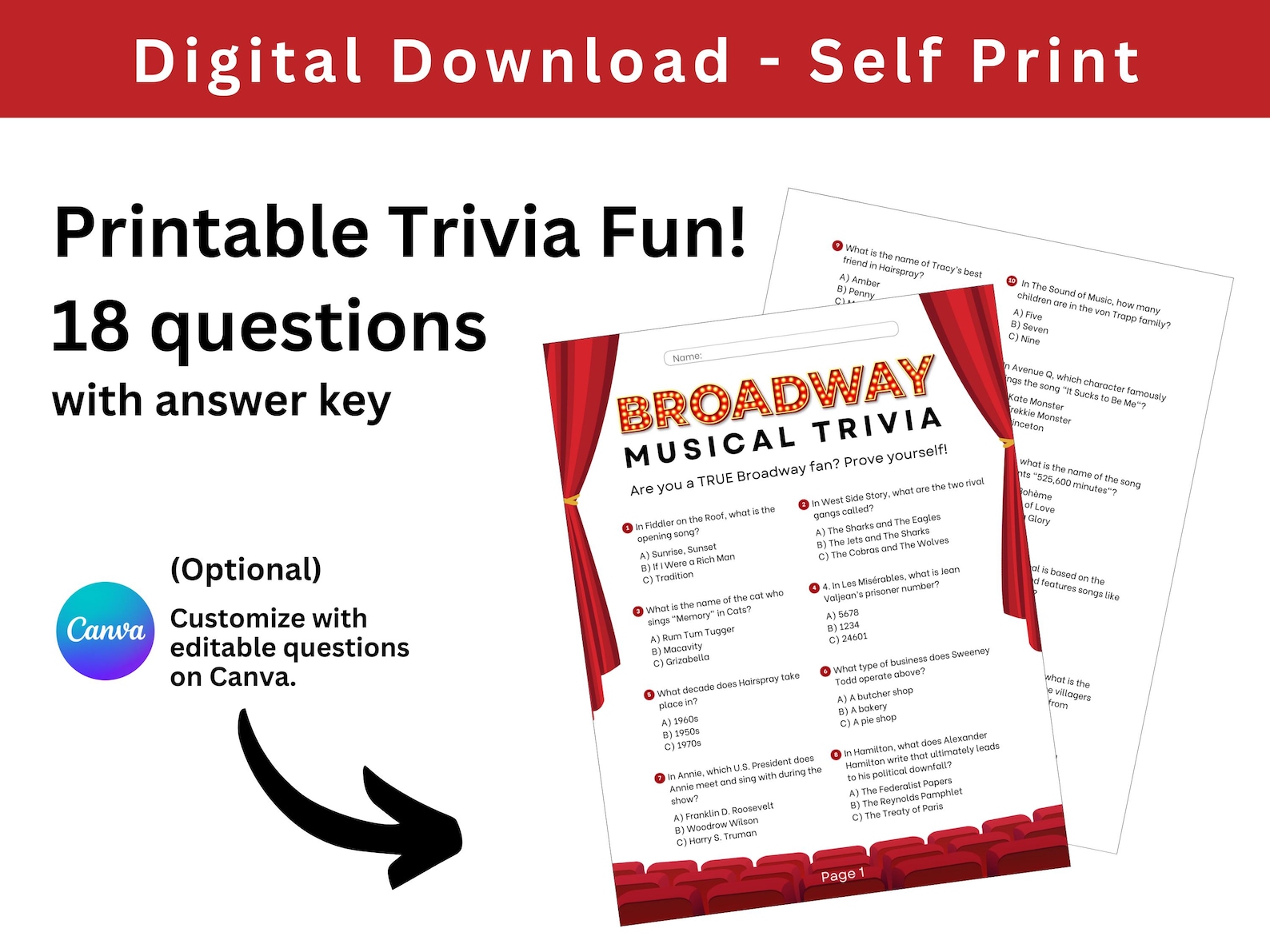 Broadway Trivia Printable & Editable – 18 Fun Questions From Your ...