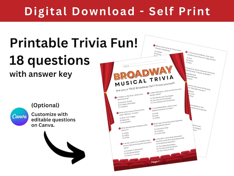 Broadway Trivia Printable & Editable – 18 Fun Questions From Your ...