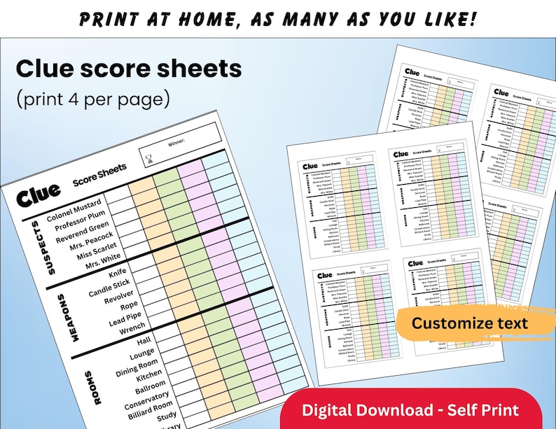 Clue Score Tally Replacement Sheet- Editable in Canva, Color- Print at ...