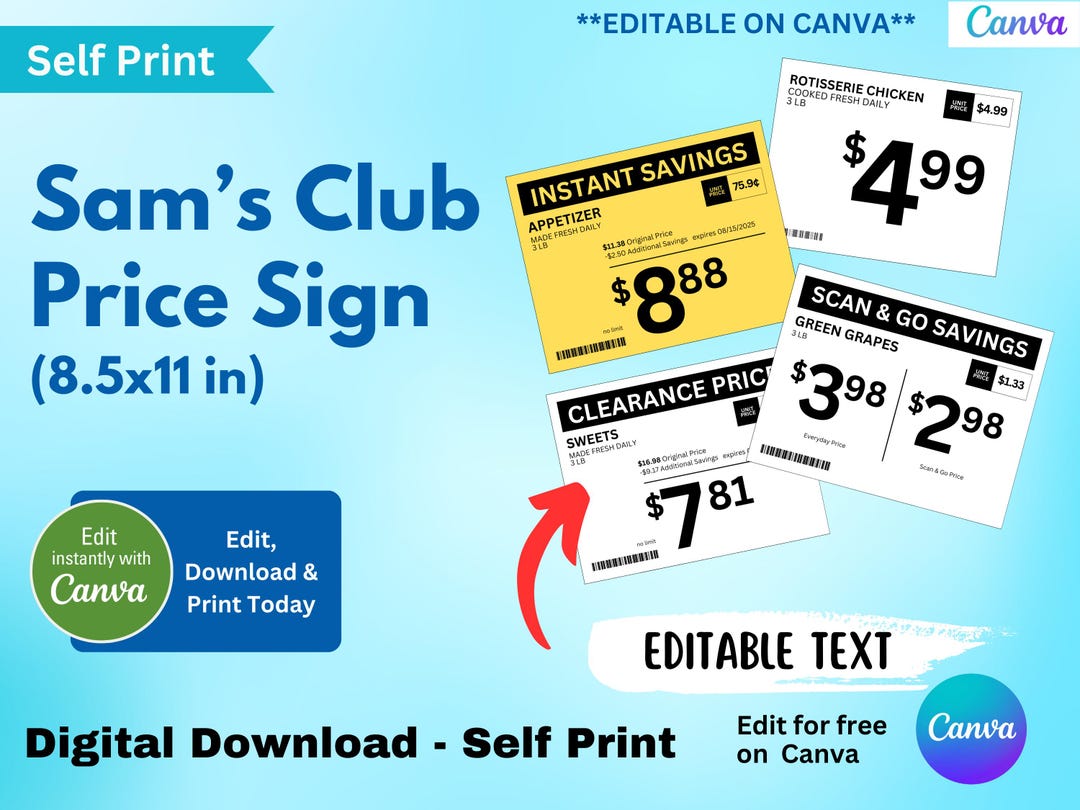 Sam's Club Price Signs - Digital Download (8.5 X 11) | 4 Printable ...